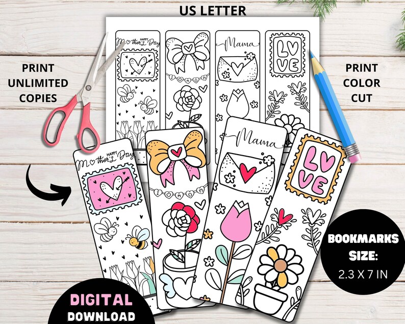 Happy Mothers Day Coloring Pages Bookmarks, Printable Mothers Day ...