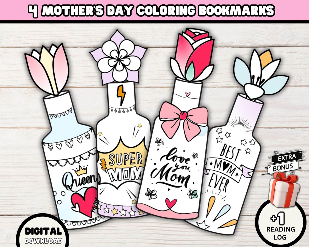 Flower Vase Mothers Day Coloring Bookmarks Cards, Printable Happy ...
