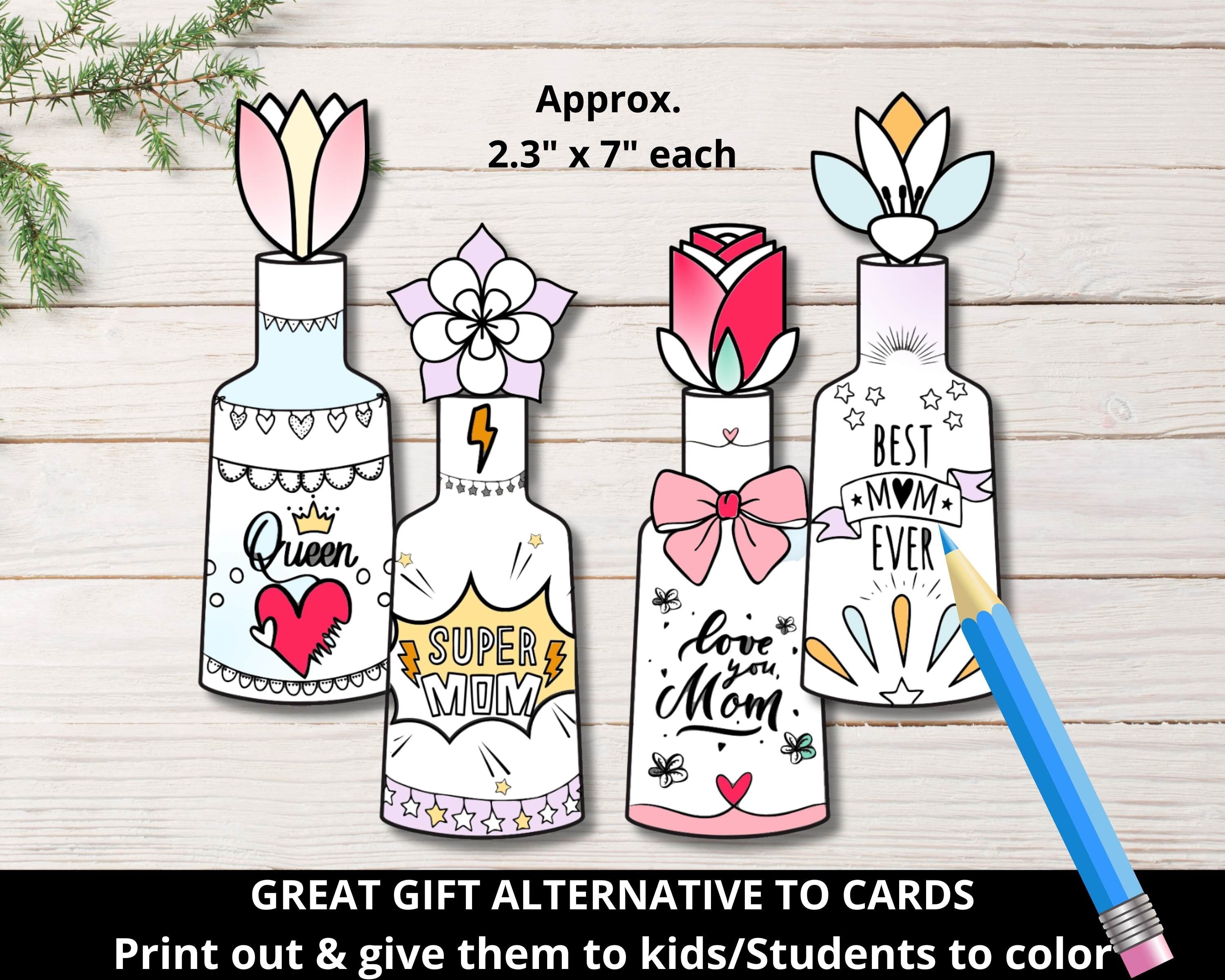 Flower Vase Mothers Day Coloring Bookmarks Cards, Printable Happy ...
