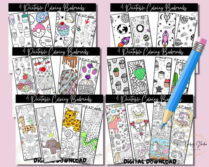 Printable Coloring Bookmarks Cute Digital Bookmark Set - Etsy