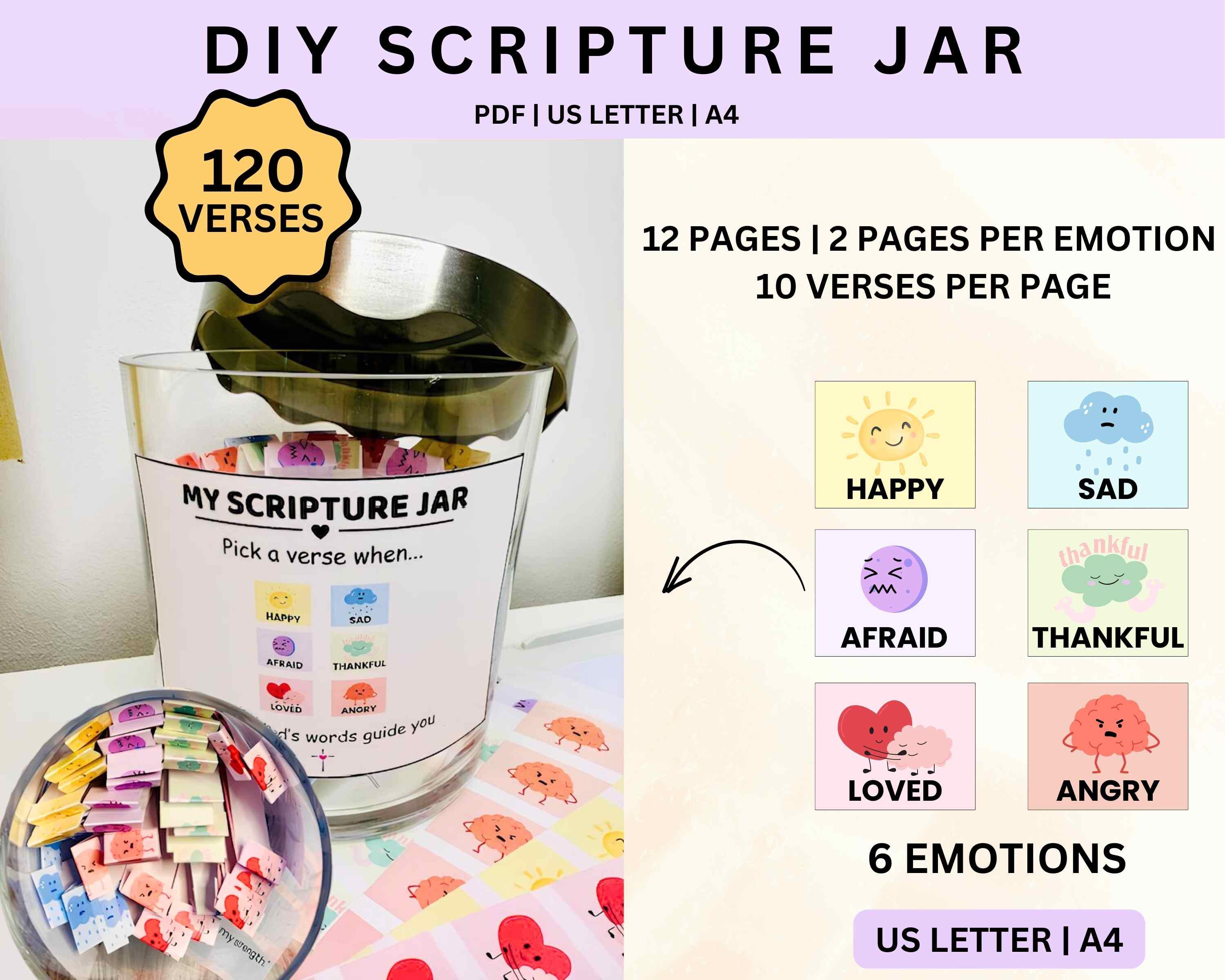 Bible Verse Jar for Kids Scripture Jar, Printable Bible Verse Emotions ...