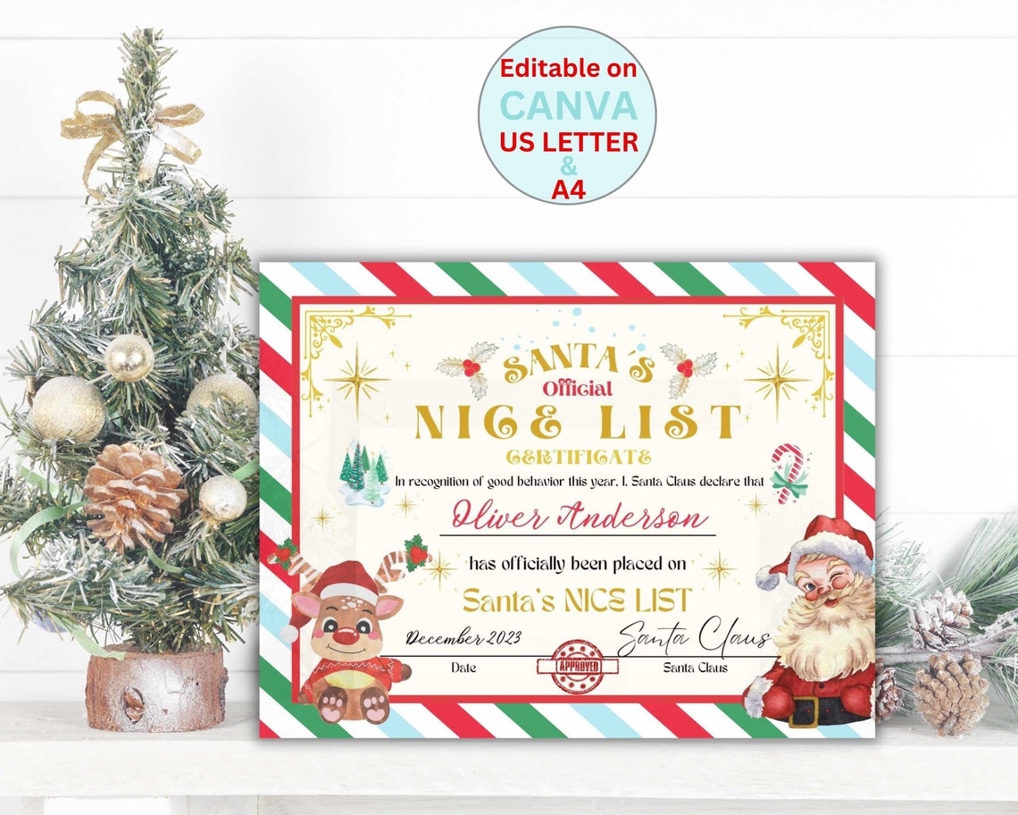 Santa Nice List Certificate EDITABLE Printable Christmas Eve Box Filler ...