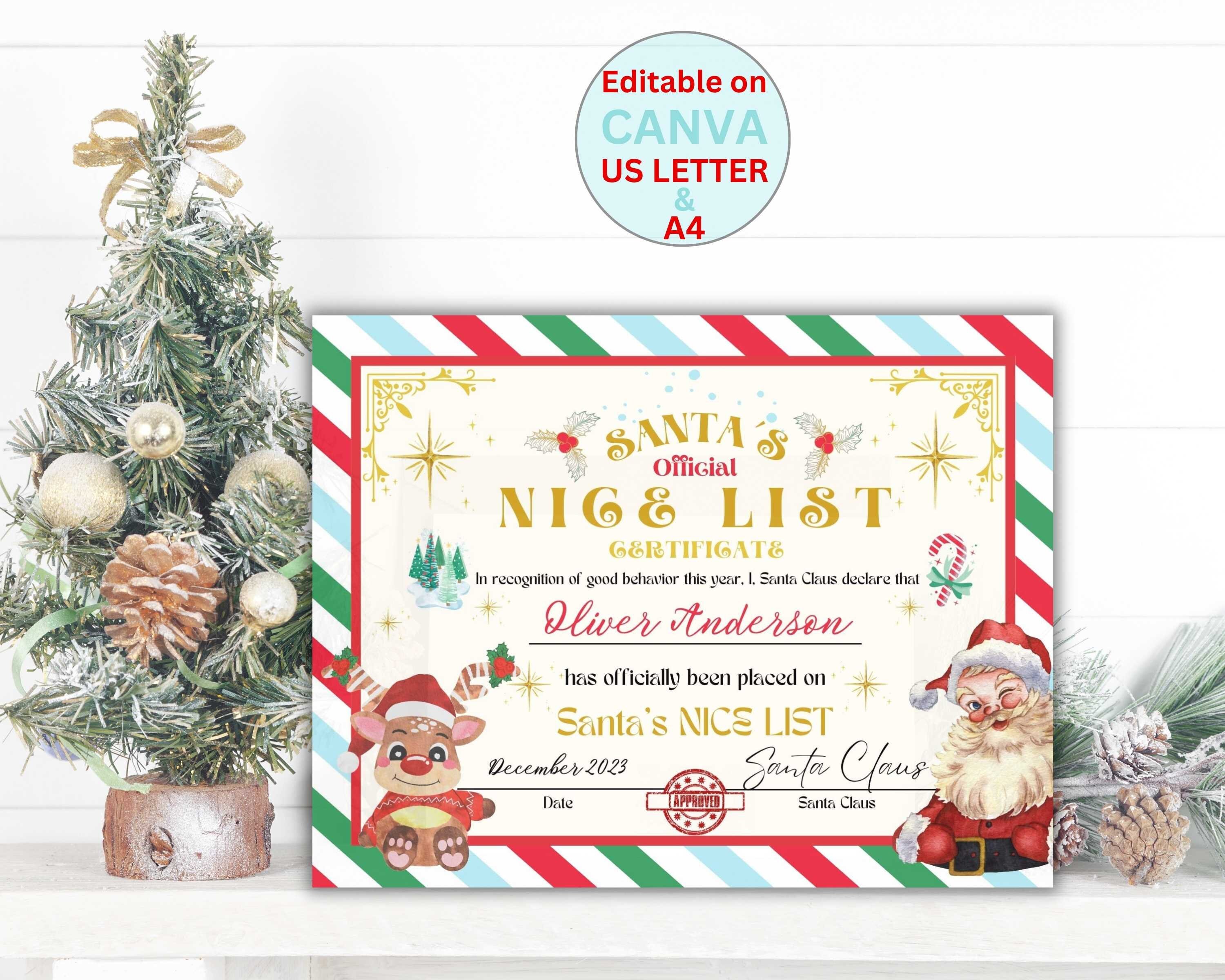 EDITABLE Santa Nice List Certificate Printable Christmas Eve Box Filler ...