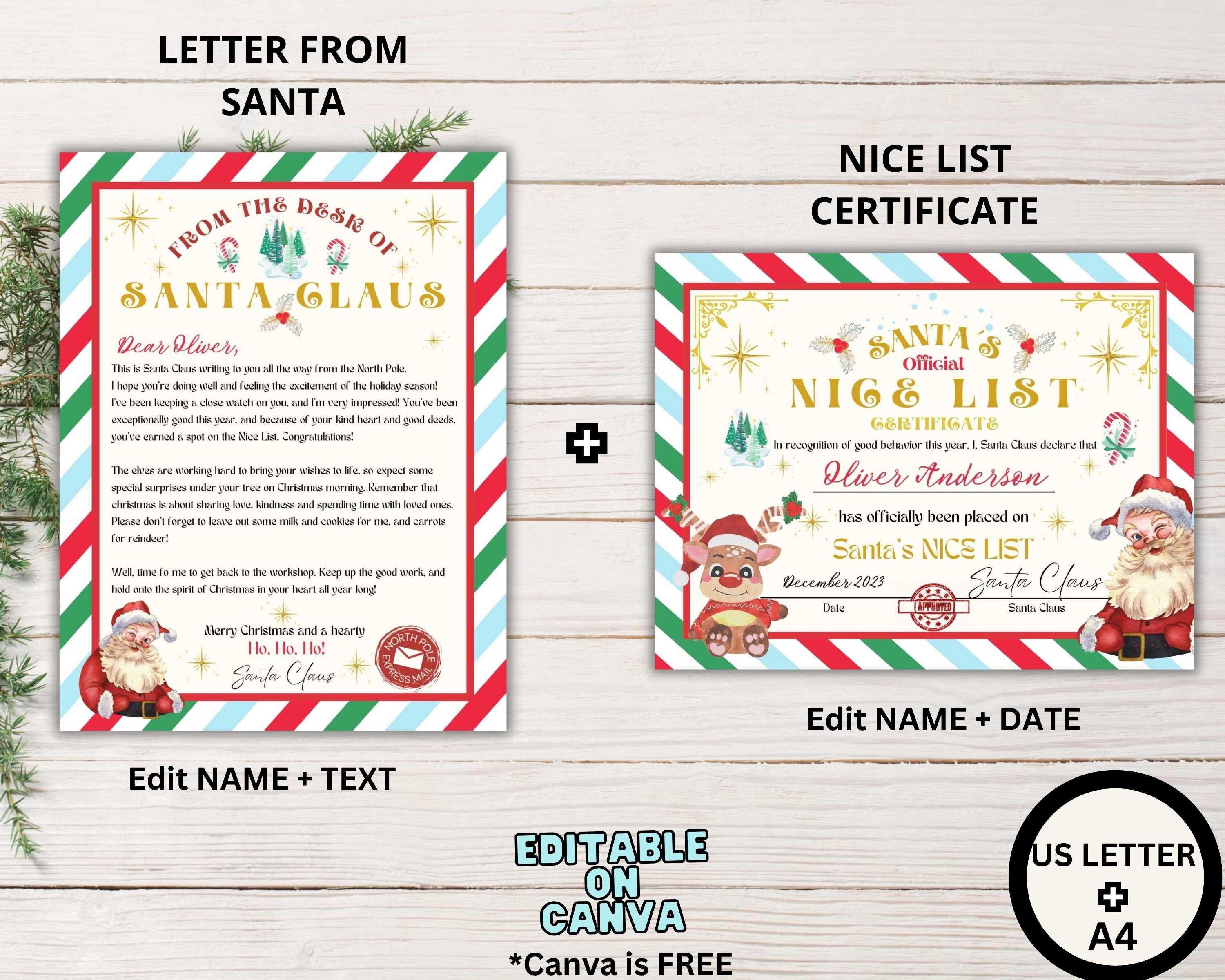 EDITABLE Letter From Santa Printable Nice List Certificate, Christmas ...