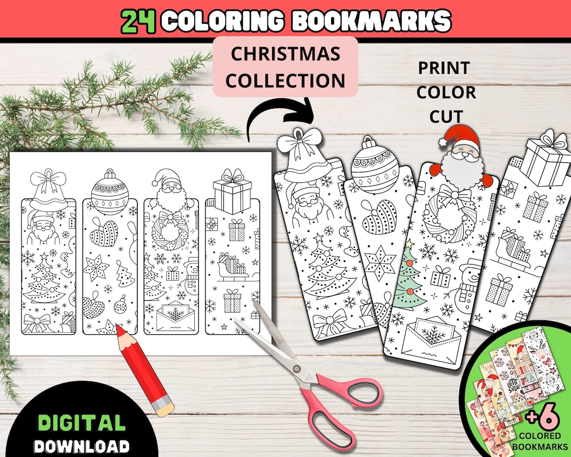 Printable Coloring Bookmarks BUNDLE, Cute Christmas Coloring Bookmarks ...