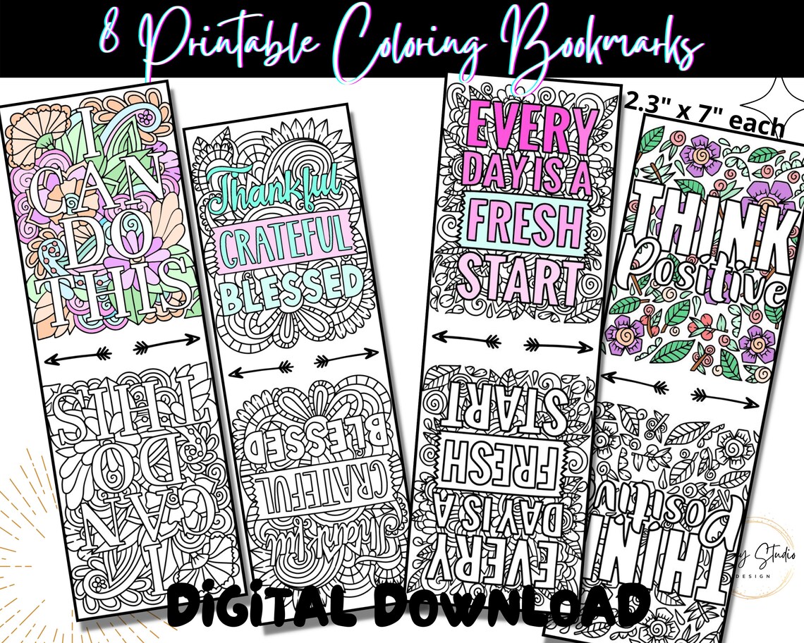 Printable Motivational Coloring Bookmark Pages, Digital Book Marks ...