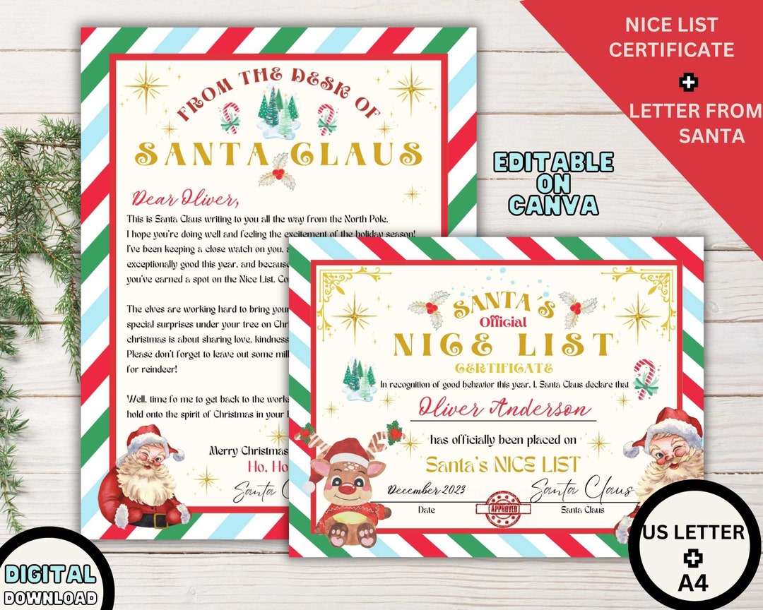 EDITABLE Letter From Santa Printable Nice List Certificate, Christmas ...