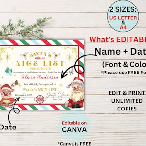 EDITABLE Santa Nice List Certificate Printable Christmas Eve Box Filler ...