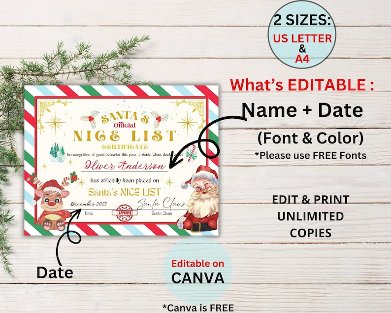 EDITABLE Santa Nice List Certificate Printable Christmas Eve Box Filler ...