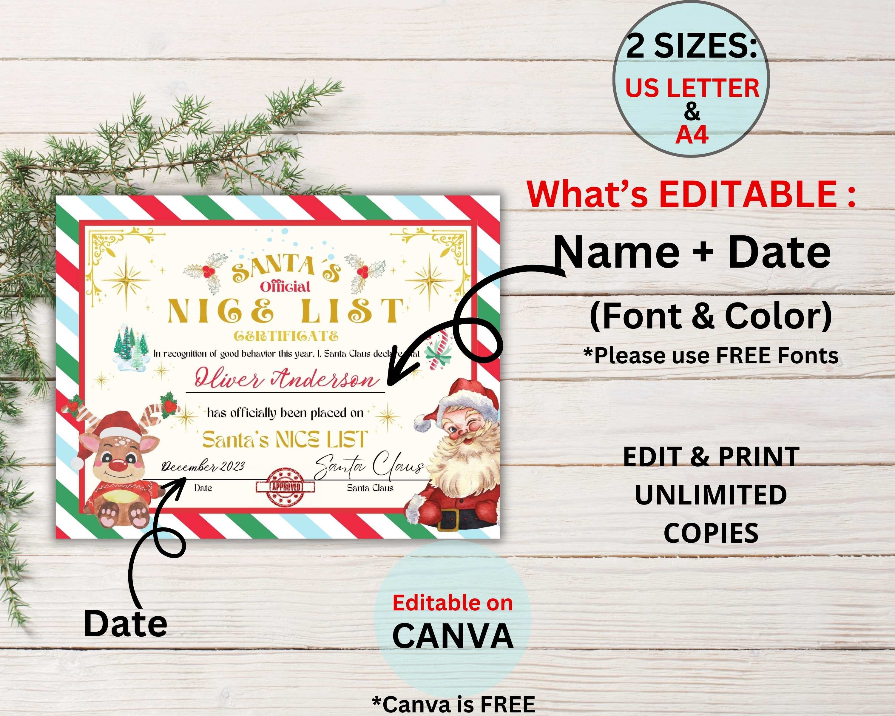EDITABLE Santa Nice List Certificate Printable Christmas Eve Box Filler ...