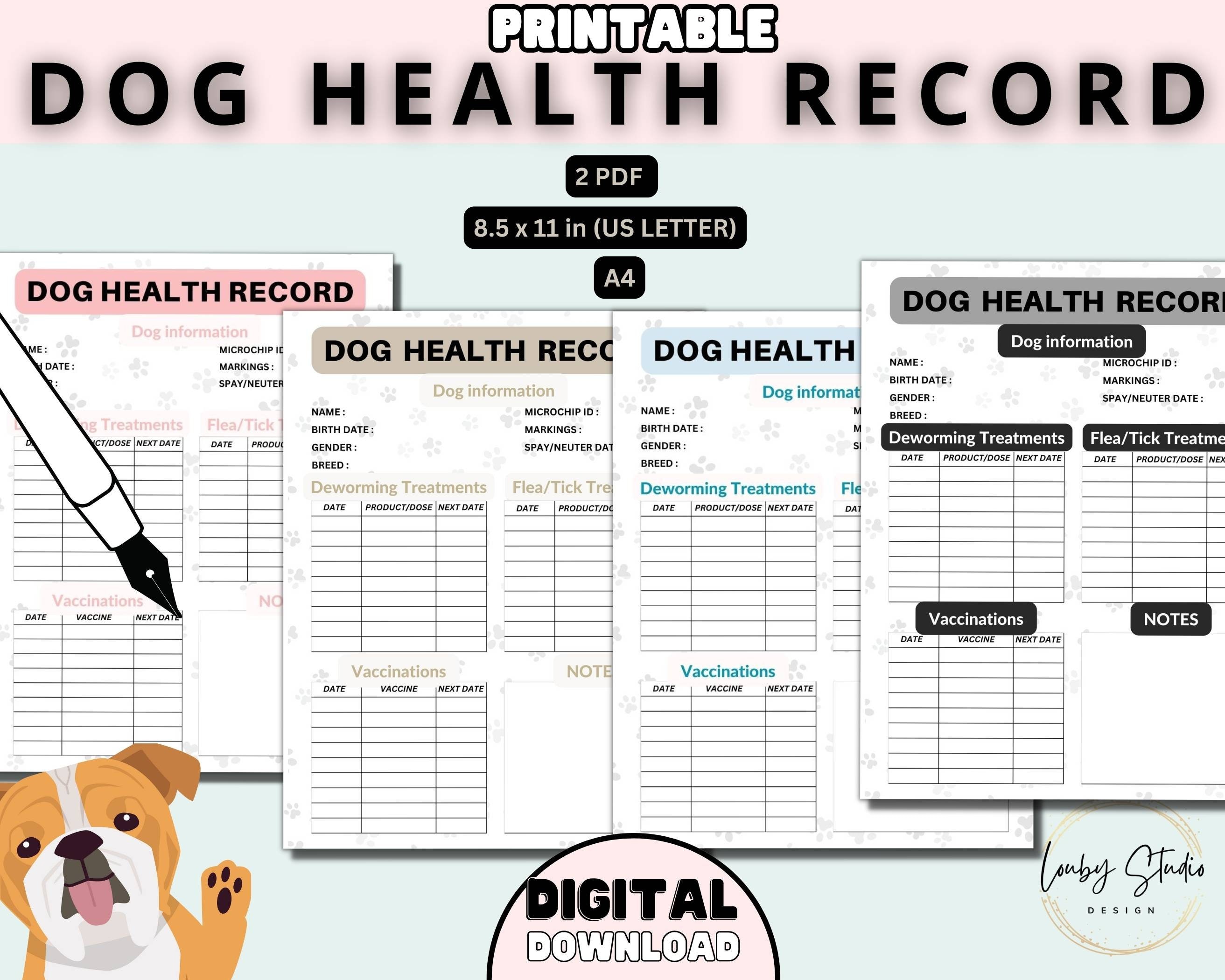 Dog Health Record, Printable Dog Shot Record, Puppy and Dog Vaccination ...