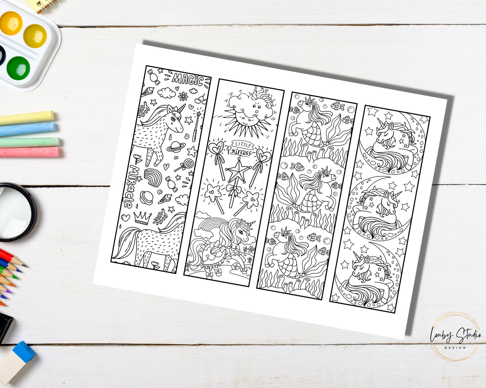Printable Unicorn Coloring Page, Cute Girls Coloring Bookmarks, Digital ...