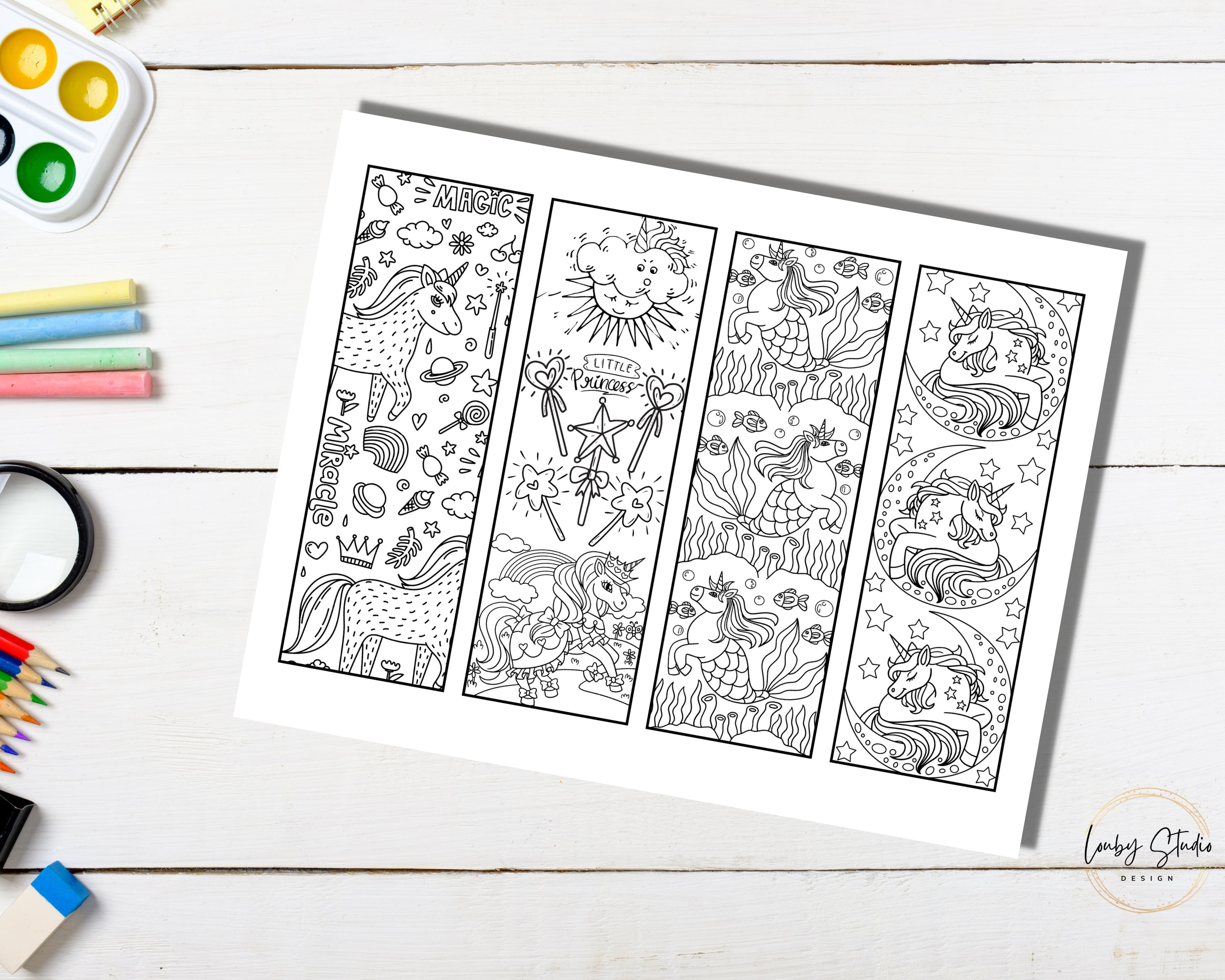 Printable Unicorn Coloring Page, Cute Girls Coloring Bookmarks, Digital ...