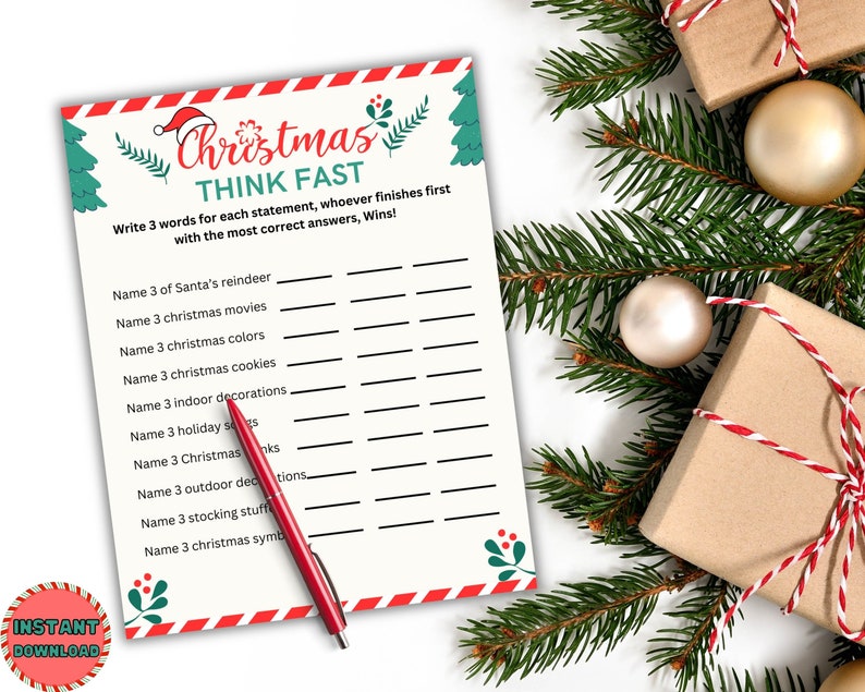 Think Fast Christmas Game Printable Game for Adults, Christmas Family ...