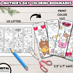 Printable Mother's Day Bear Coloring Bookmarks: Kids Craft (digital ...