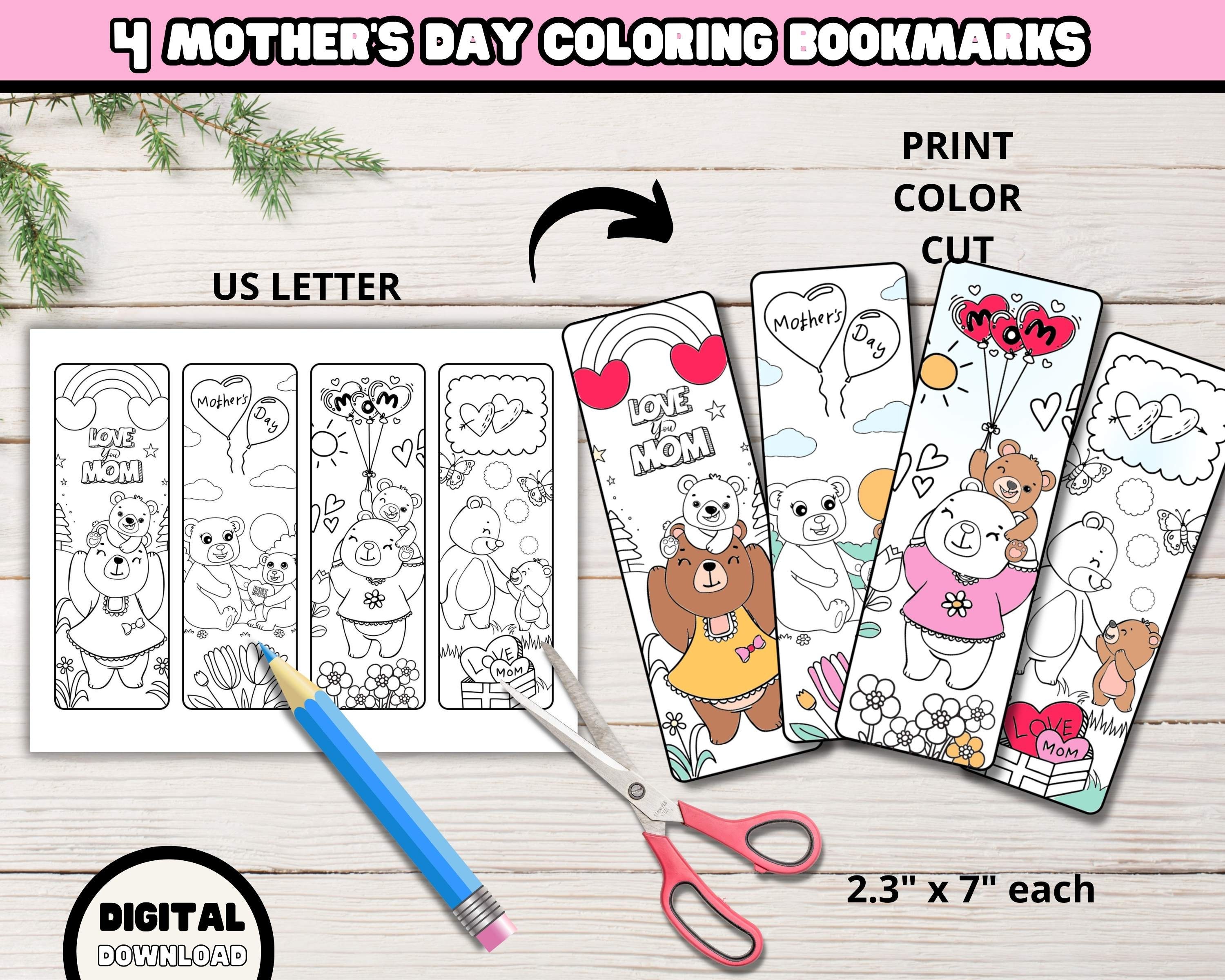 Printable Mother's Day Bear Coloring Bookmarks: Kids Craft (digital ...