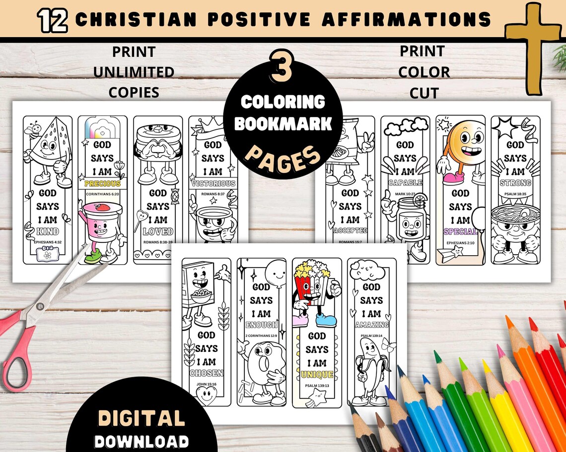Christian Affirmations Coloring Bookmarks for Kids God Says I Am Bible ...