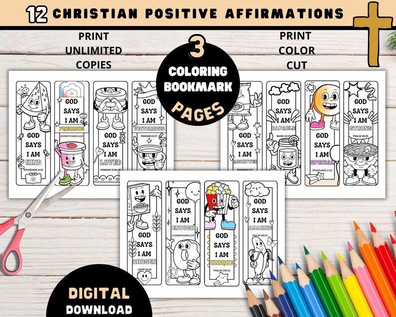 Christian Affirmations Coloring Bookmarks for Kids God Says I Am Bible ...