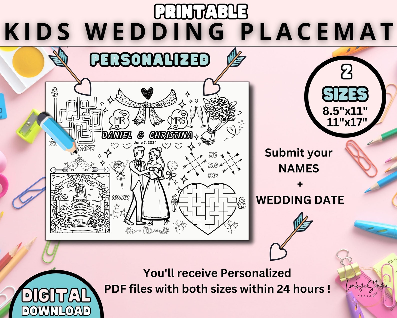 Kids Wedding Coloring Placemat, Printable Wedding Activity Mat ...