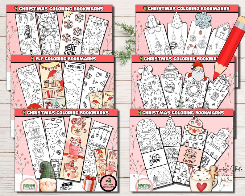 Printable Coloring Bookmarks BUNDLE, Cute Christmas Coloring Bookmarks ...