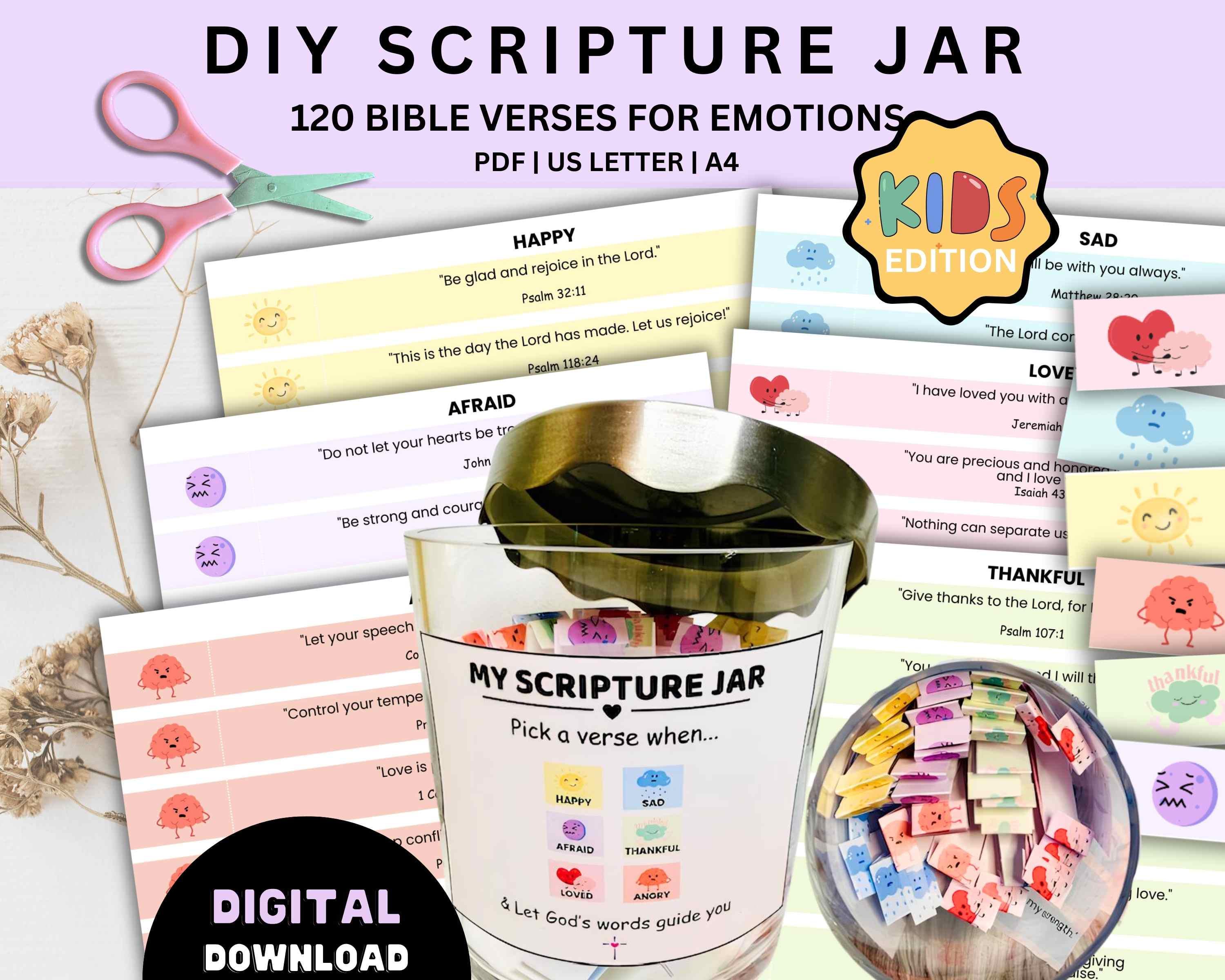Bible Verse Jar for Kids Scripture Jar, Printable Bible Verse Emotions ...