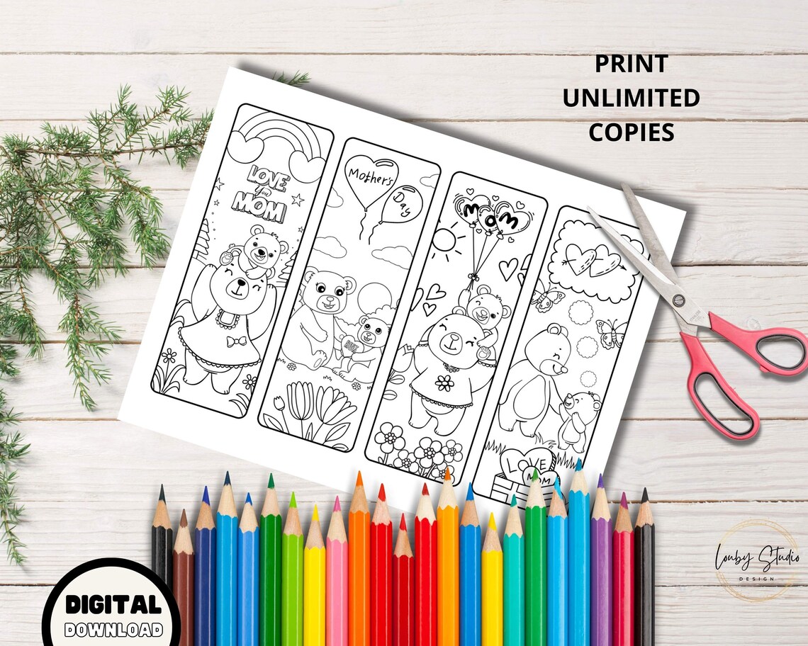 Printable Mothers Day Bear Coloring Bookmarks, Happy Mothers Day ...