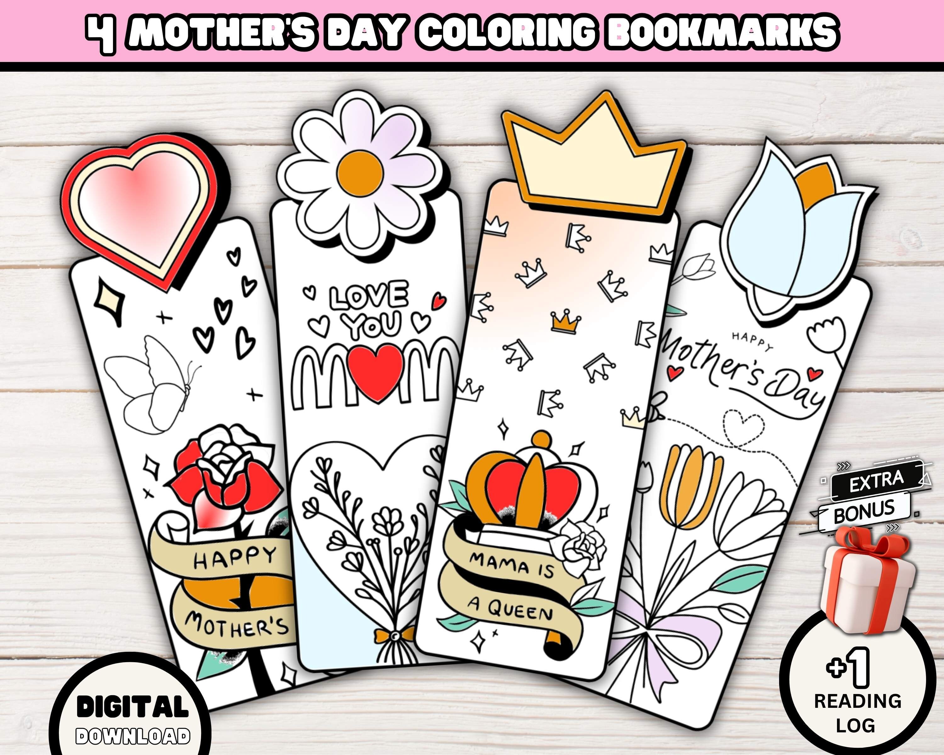 Mothers Day Coloring Bookmarks, Printable Coloring Mothers Day Card ...
