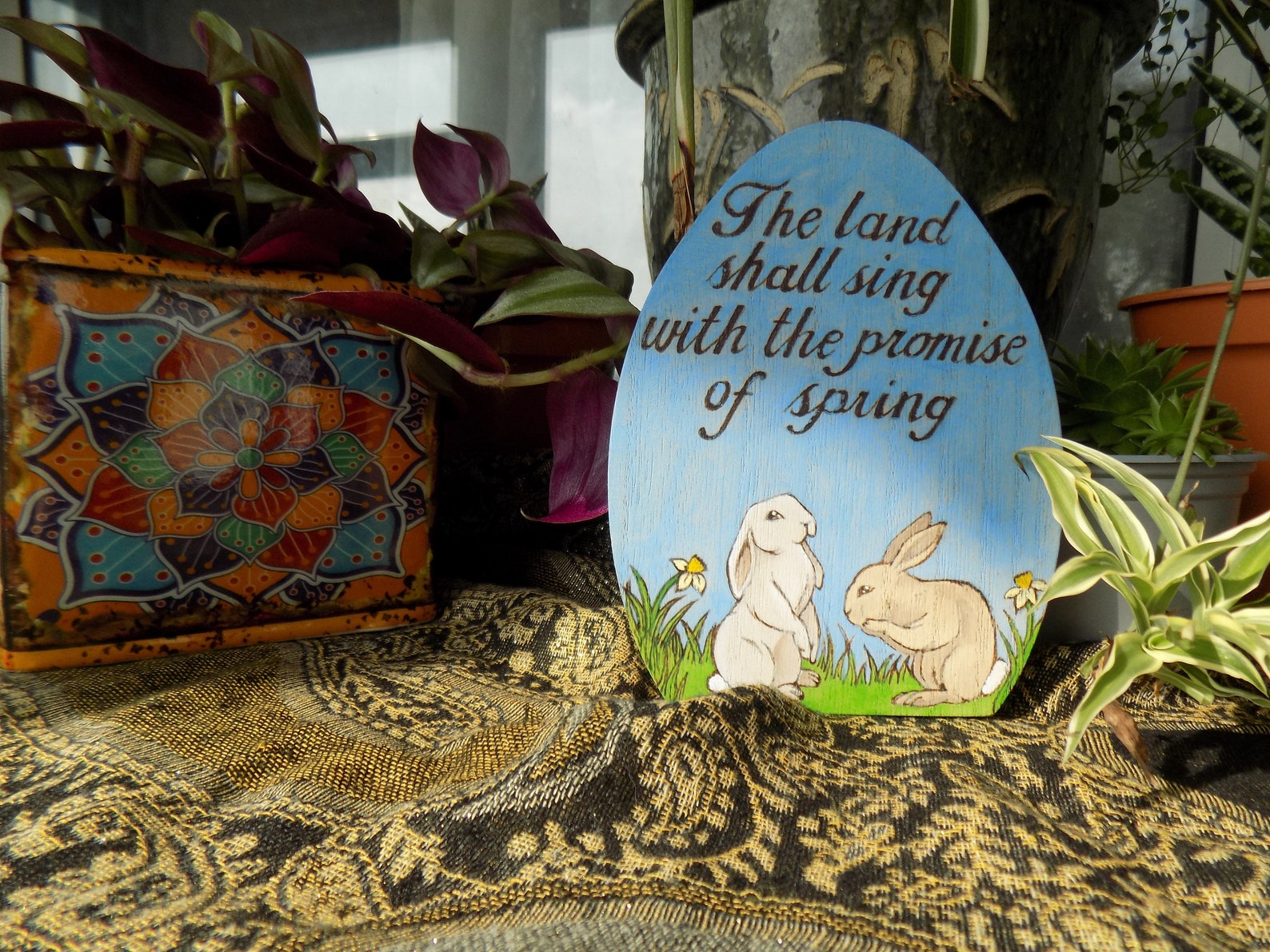 Standing Easter Egg Ornament, Pyrography, Hand Painted, Spring, Rabbits ...