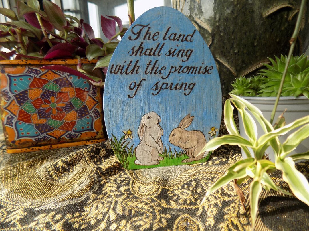 Standing Easter Egg Ornament, Pyrography, Hand Painted, Spring, Rabbits ...