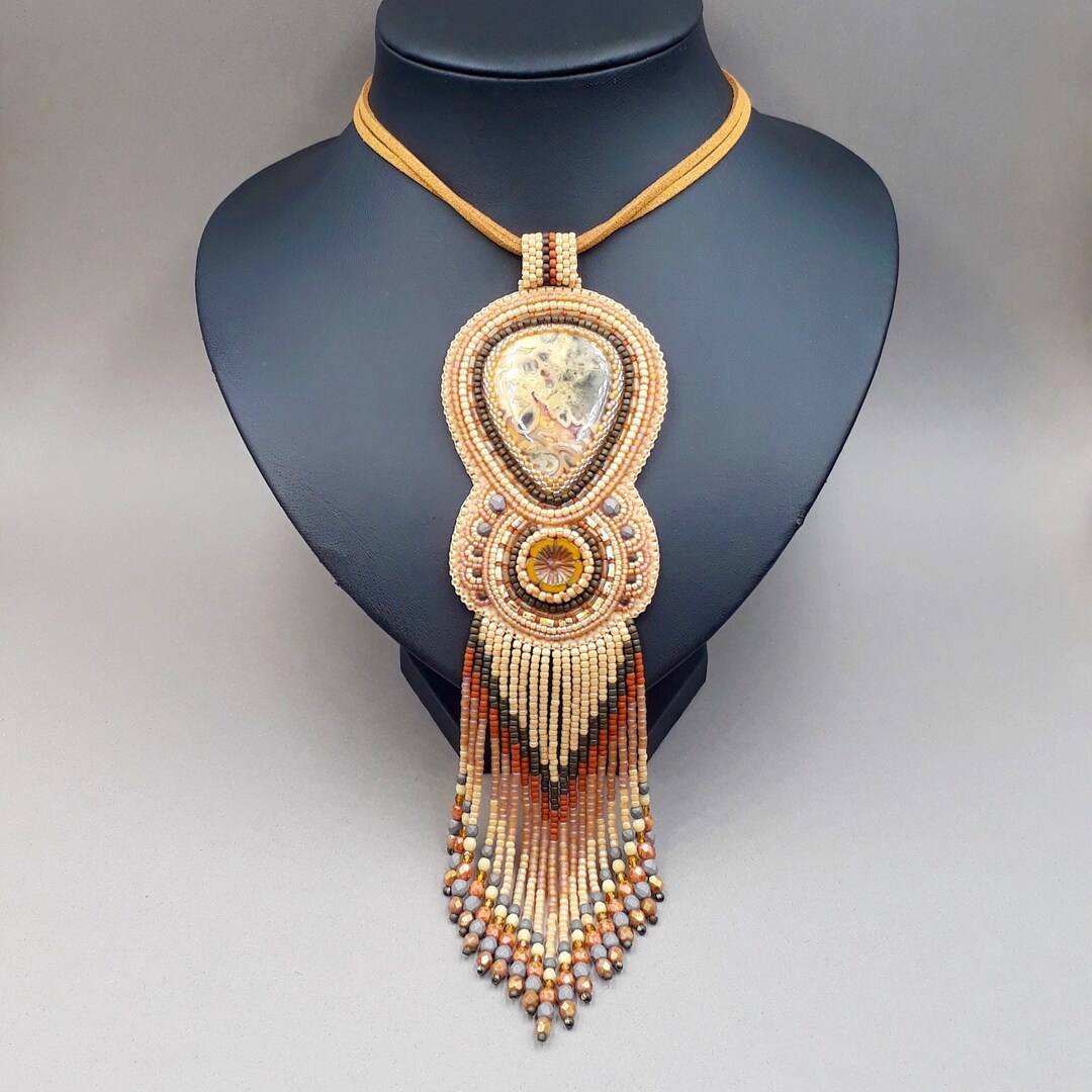 Lace Agate Necklace,bead Embroidery Necklace With Fringes,necklace for ...