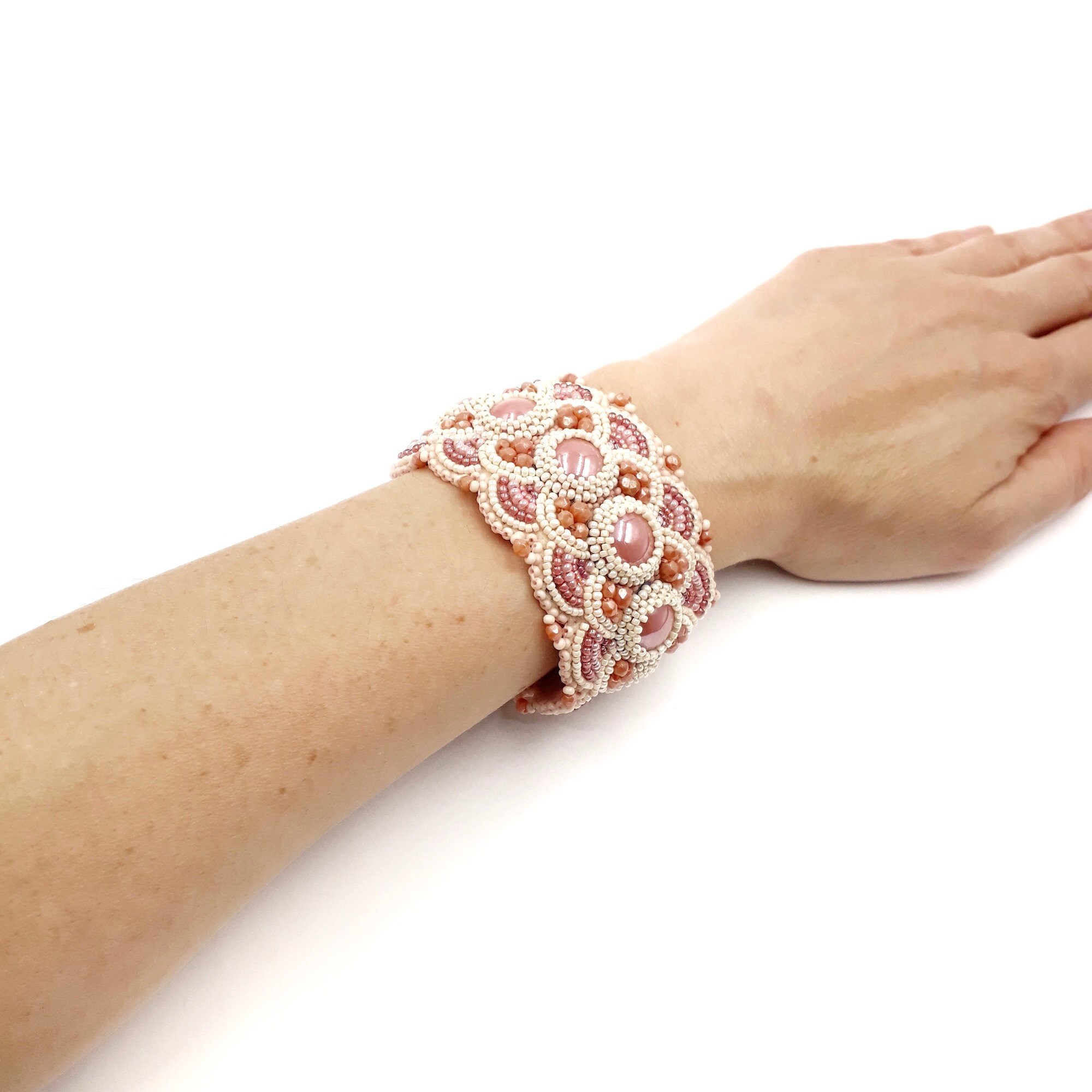 Ecru Powder Pink Bracelet,bracelet for Women,bead Embroidery Bracelet ...