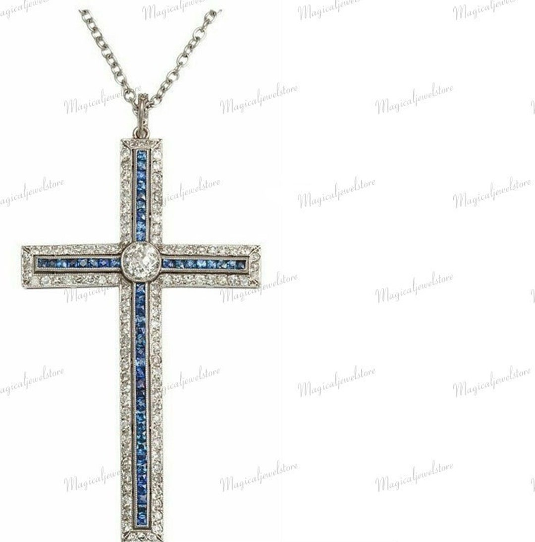 Art Deco Edwardian Cross Pendant, Blue Princess Cut Diamond Pendant ...