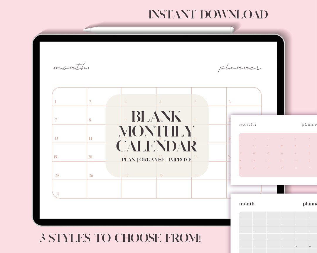 Blank Monthly Calendar, Planner for Organisation and Monthly Goals ...