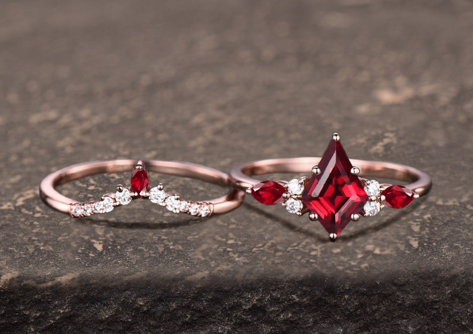 Antique Lab Grown Ruby Engagement Ring Set Kite Shape Red - Etsy