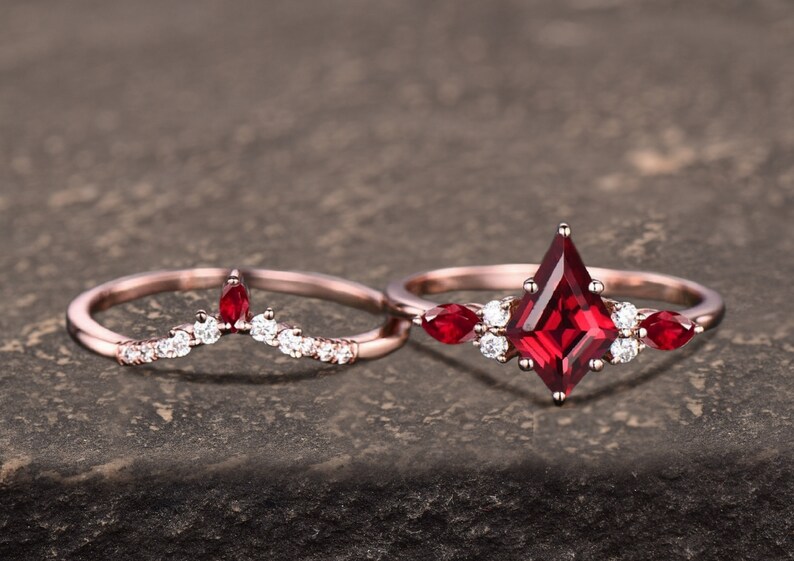 Antique Lab Grown Ruby Engagement Ring Set Kite Shape Red - Etsy