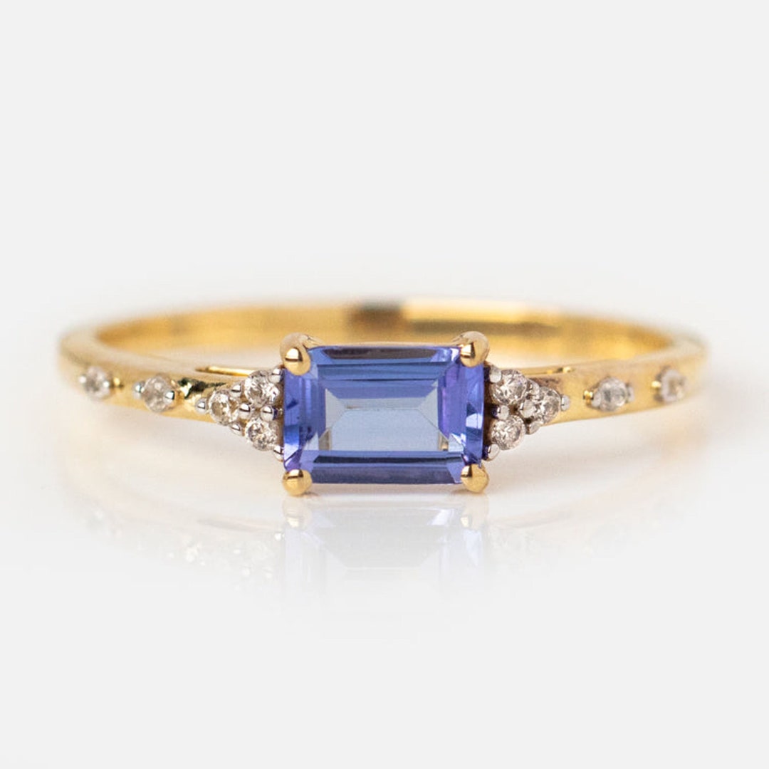 14k Solid Gold Tanzanite Band Ring Baguette Cut Slanted Solitaire Ring ...