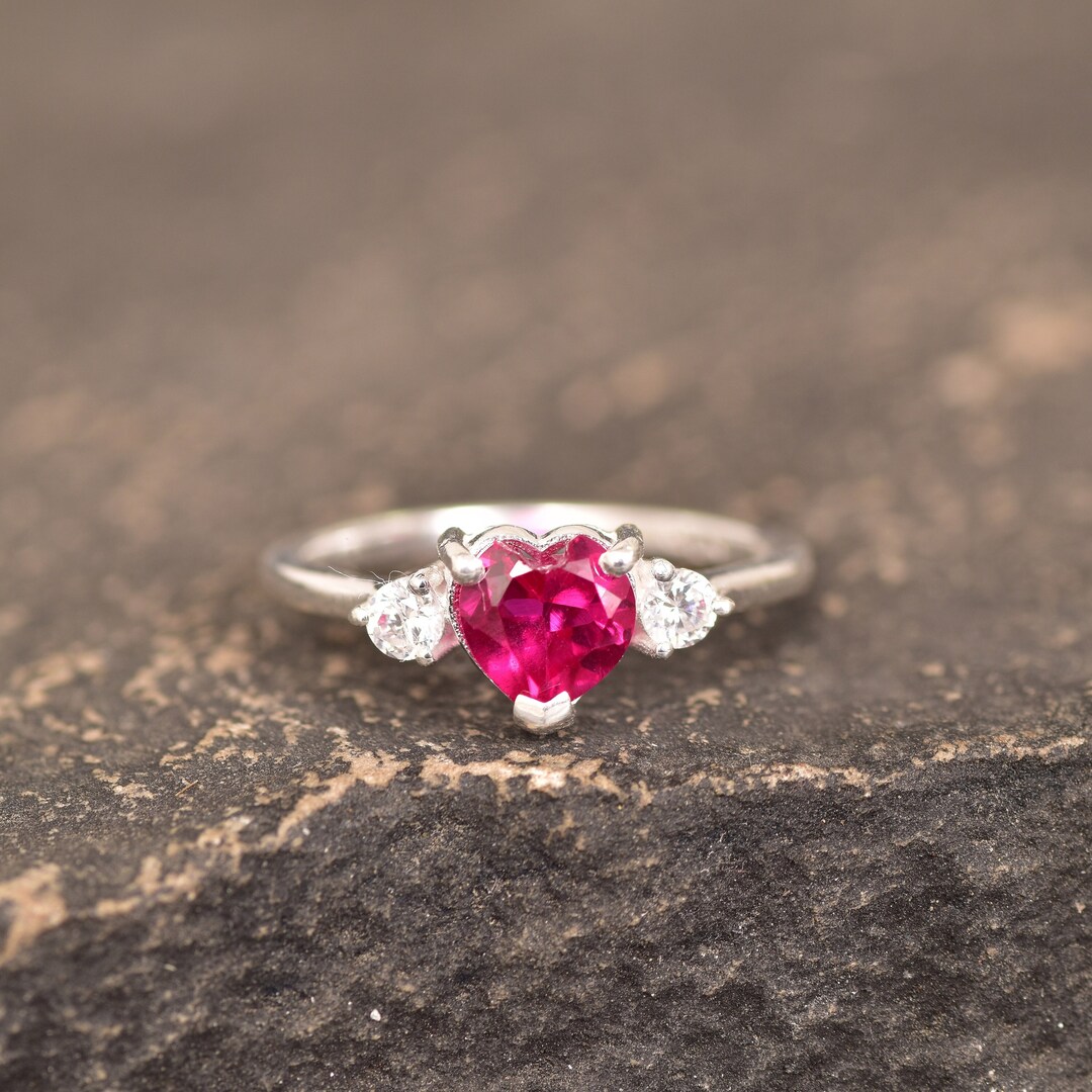 Dainty Heart Shaped Ruby Engagement Ring for Women Vintage Ruby Wedding Ring Unique Red Gemstone ...