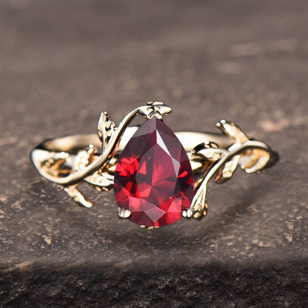 Pear Shaped Ruby Gemstone Jewelry Engagement Ring 14K Yellow Gold Twig ...