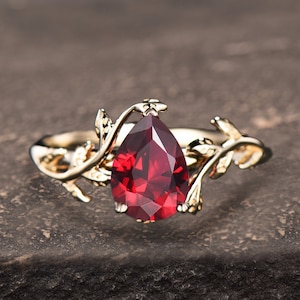 Pear Shaped Ruby Gemstone Jewelry Engagement Ring 14K Yellow Gold Twig ...