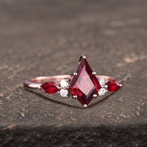 Antique Lab Grown Ruby Engagement Ring Set Kite Shape Red Wedding Ring ...