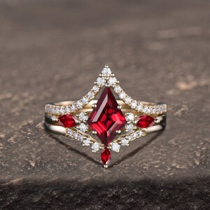 Antique Lab Grown Ruby Engagement Ring Set Kite Shape Red Wedding Ring ...