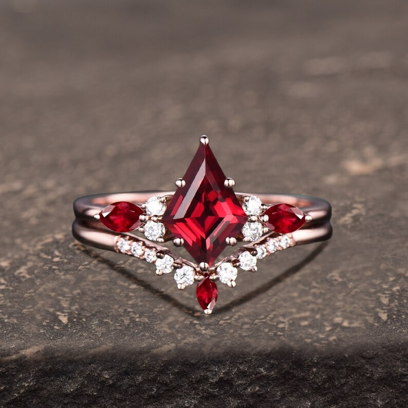Antique Lab Grown Ruby Engagement Ring Set Kite Shape Red - Etsy