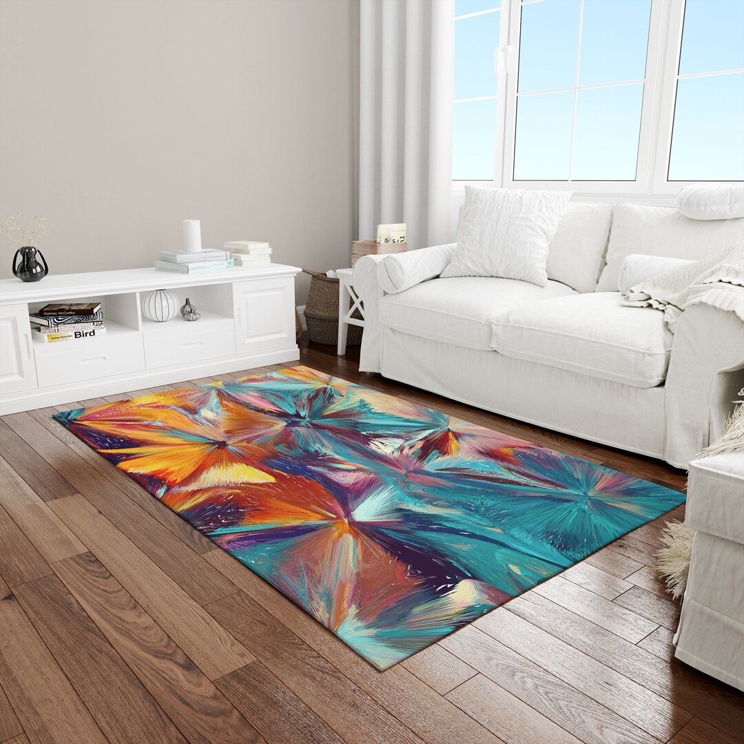 Abstract Water Color Rug, Teal & Orange Area Rug, Flat Floral Print ...