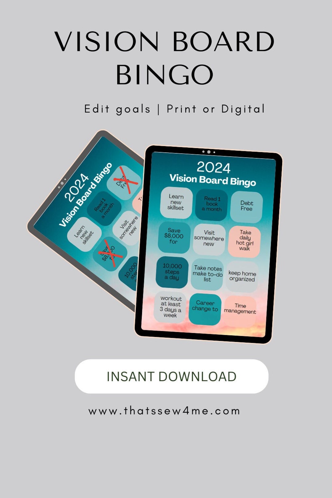 Vision Board Bingo Template, 2024 Personal Goals Bingo Game, Aesthetic ...