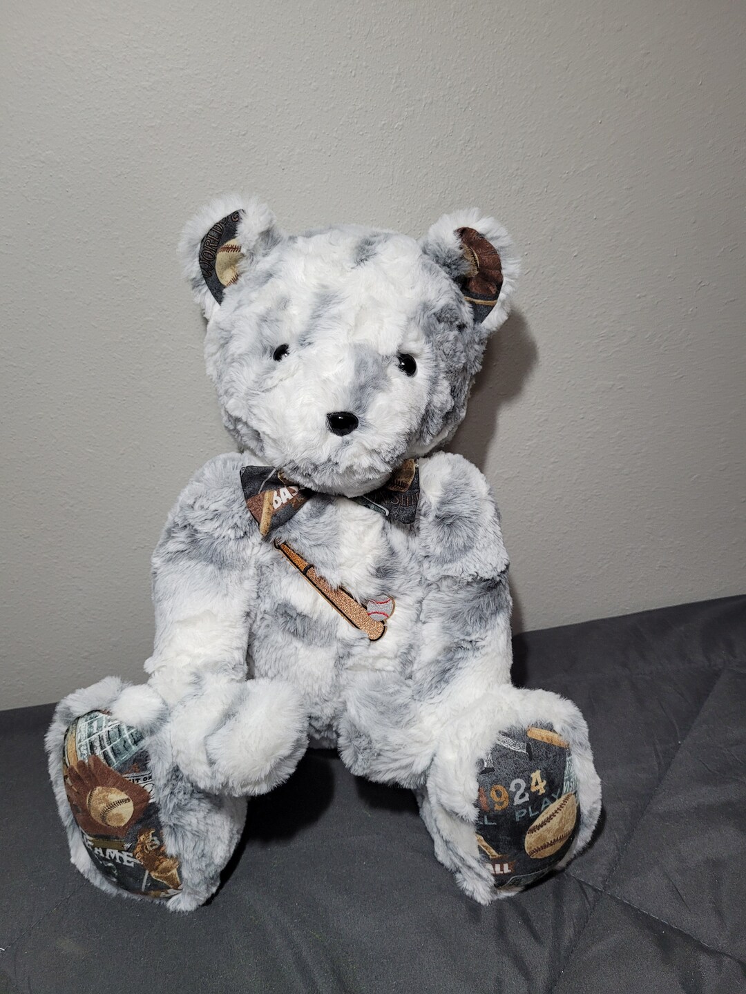 Baseball Themed Teddy Bear in Soft, Gray/white Marbled Faux Fur Fabric ...
