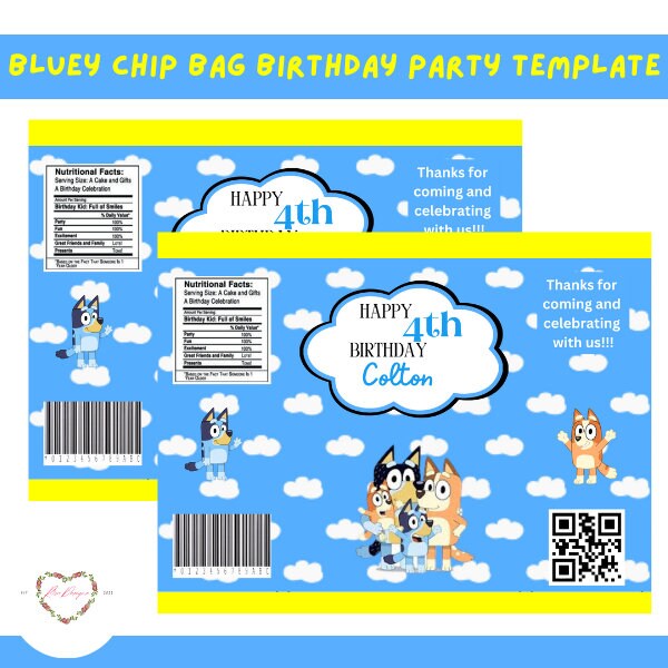 Bluey Birthday Chip Bag Template, Bluey, Chip Bag Template, Editable on ...