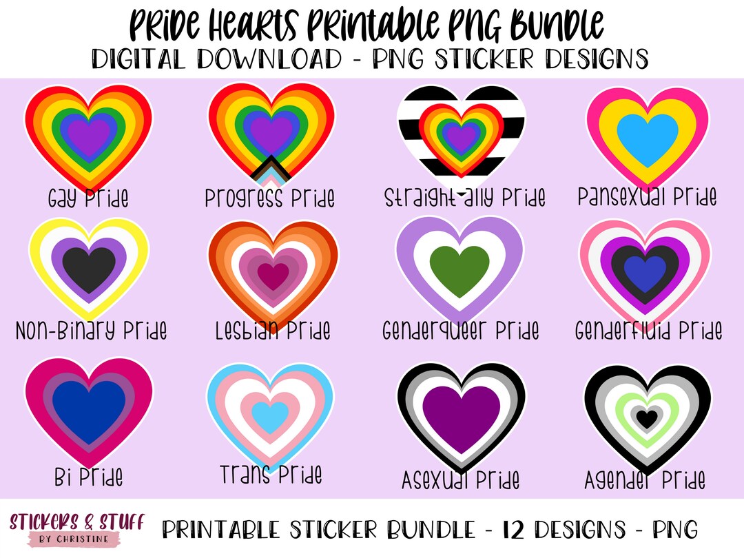 Printable Pride Heart-shaped PNG Design Bundle, Digital Pride Stickers ...