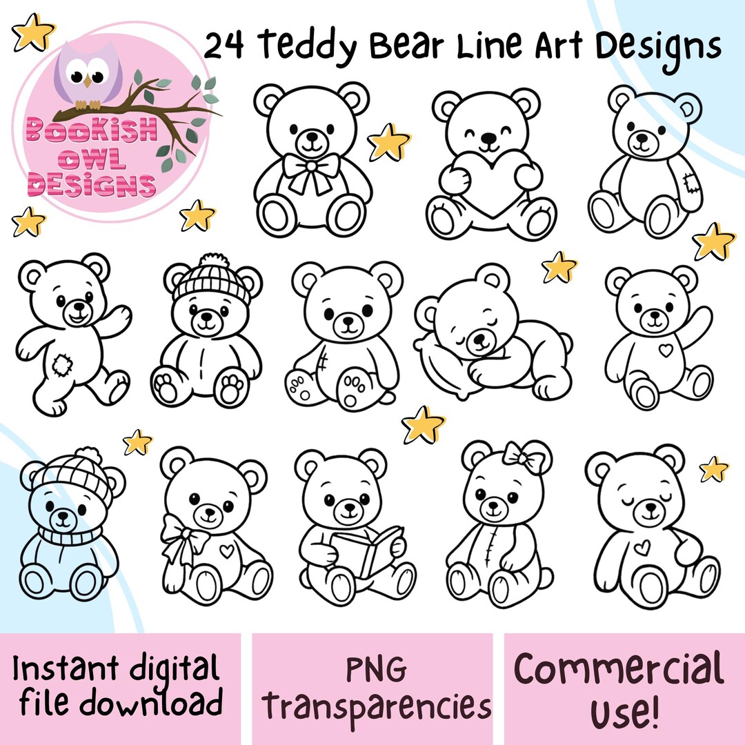 Cute Teddy Bear Line Art Bundle Instant Download | 24 Adorable Bear PNG ...