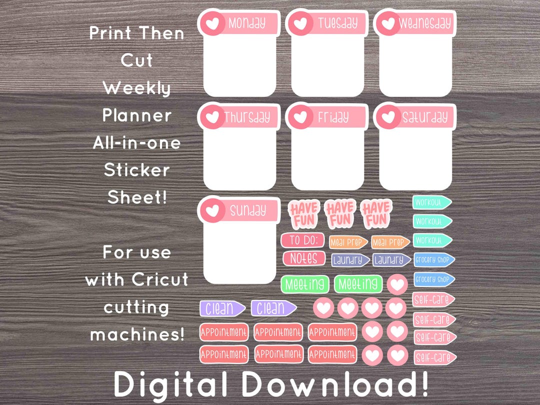 Cute Printable Weekly Planner Digital Sticker Sheet, PNG Sticker Sheet ...