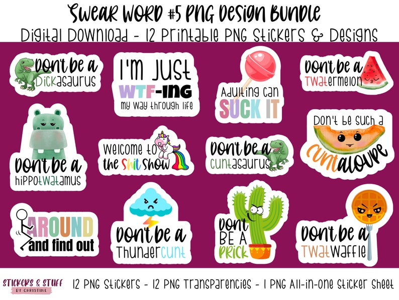Swear Word Bundle #5 PNG Print and Cut Stickers, Adult Content Stickers ...